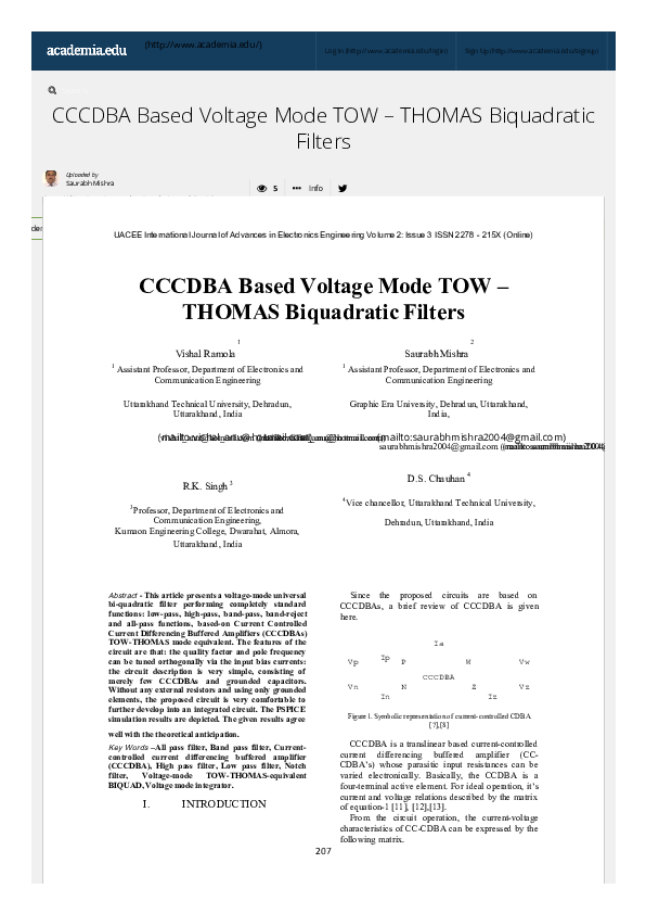 (PDF) CCCDBA Based Voltage Mode TOW – THOMAS Biquadratic Filters Log In ( CCCDBA Based Voltage ...