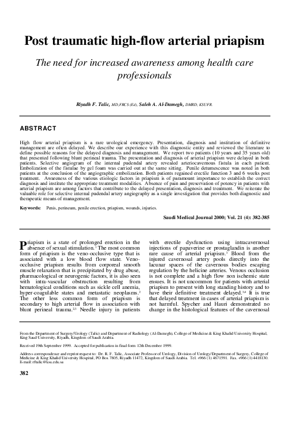 (PDF) Post traumatic high-flow arterial priapism