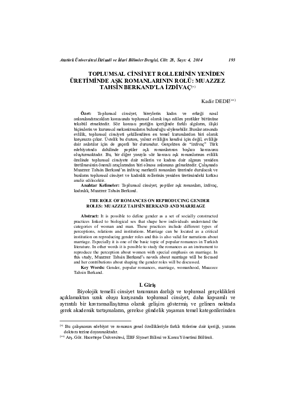 "Toplumsal Cinsiyet Rollerinin Yeniden Üretiminde Aşk Romanlarının Rolü: Muazzez Tahsin Berkand ...
