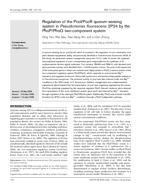 (PDF) Regulation of the PcoI/PcoR quorum-sensing system in Pseudomonas ...