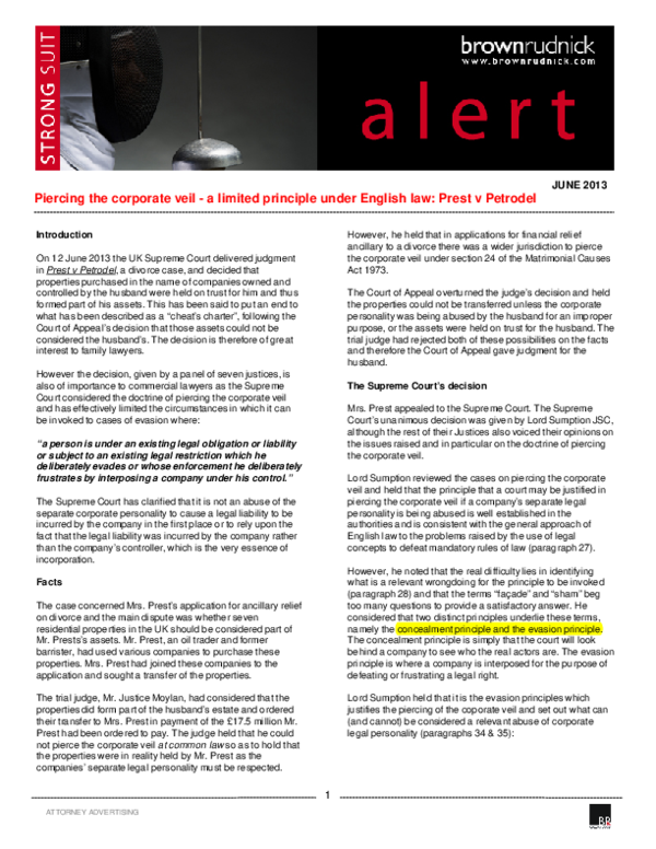 Piercing the corporate veil -a limited principle under English law ...