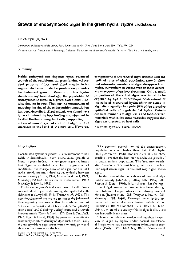 (PDF) Growth of endosymbiotic algae in the green hydra, Hydra viridissima