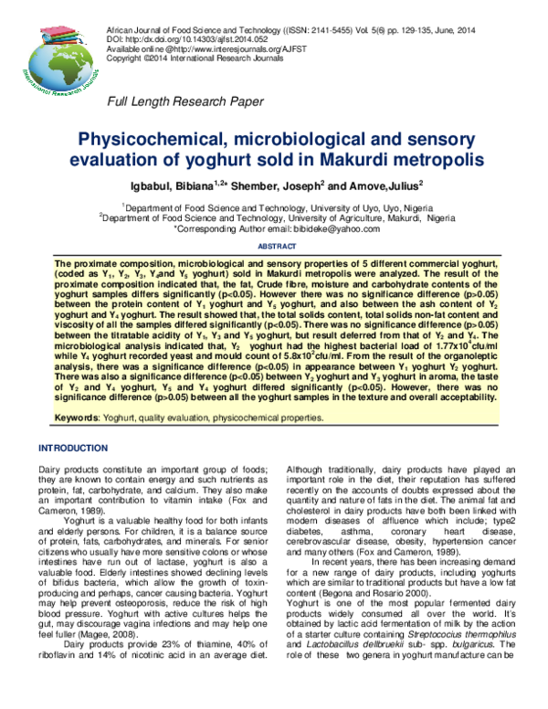 (PDF) Physicochemical, microbiological and sensory evaluation of yoghurt sold in Makurdi metropolis