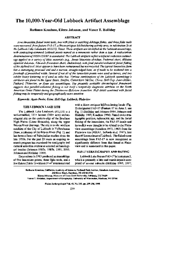 (PDF) The Lubbock Lake Paleoindian Lubbock assemblage (1998)