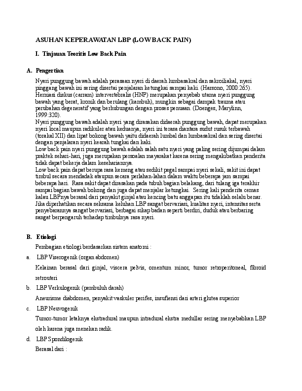 (DOC) ASUHAN KEPERAWATAN LBP (LOW BACK PAIN) I. Tinjauan Teoritis Low ...