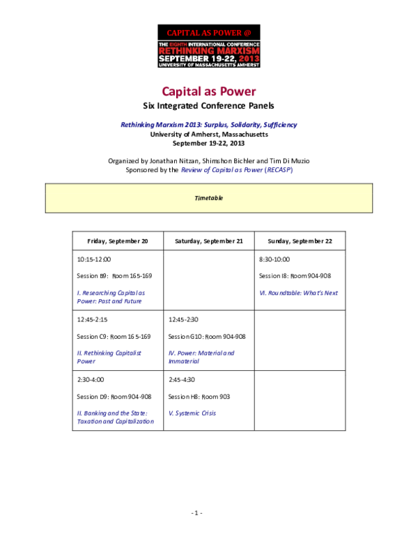 (PDF) Six Integrated Panels on "Capital as Power": Timetable and Program