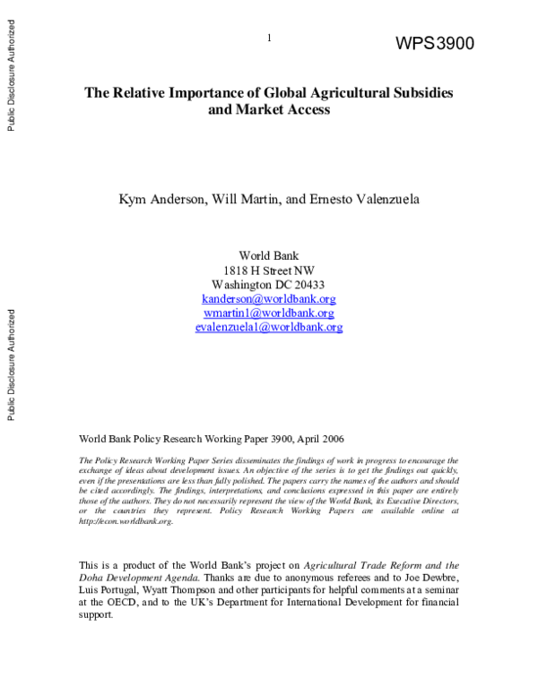 (PDF) The Relative Importance of Global Agricultural Subsidies and Market Access