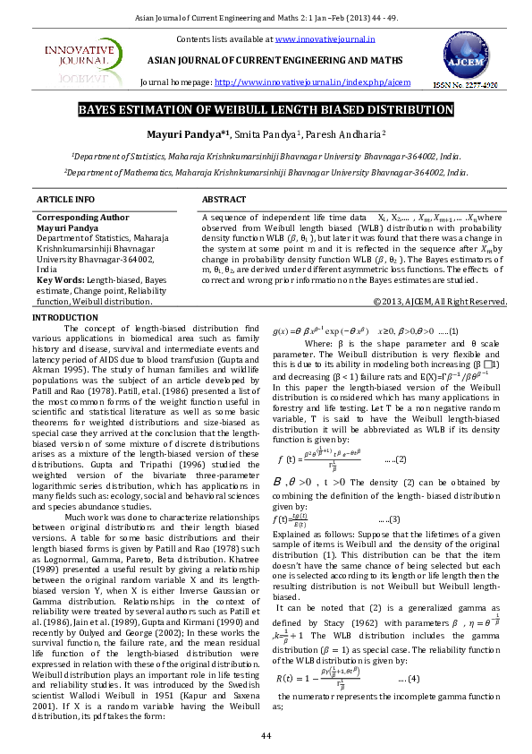 Pdf Bayes Estimation Of Weibull Length Biased Distribution