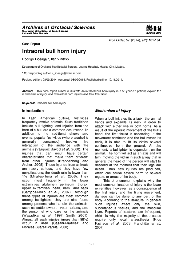 (PDF) Intraoral Bullhorn Injury (Herida intra oral por cornada de Toro)
