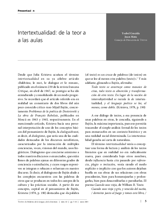 (PDF) Intertextualidad: de la teoría a las aulas
