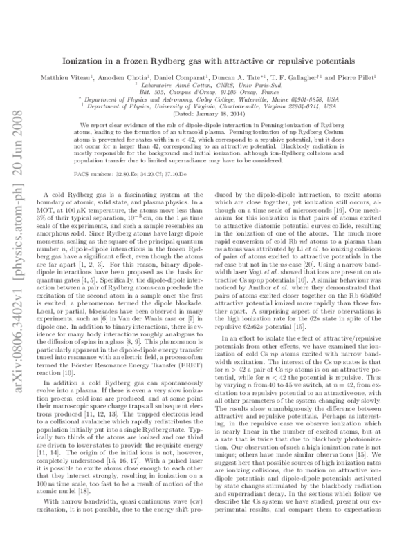 (PDF) Ionization in a frozen Rydberg gas with attractive or repulsive ...