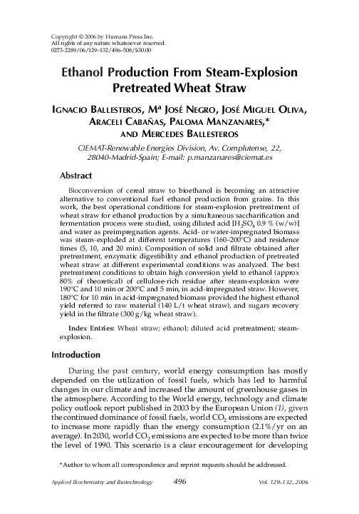 (PDF) Ethanol Production From Steam-Explosion Pretreated Wheat Straw