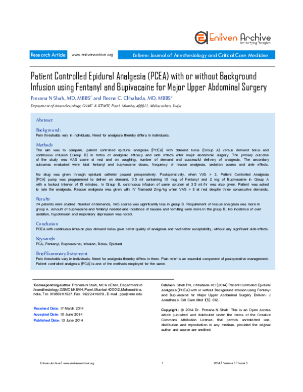 (PDF) Patient Controlled Epidural Analgesia (PCEA) with or without ...