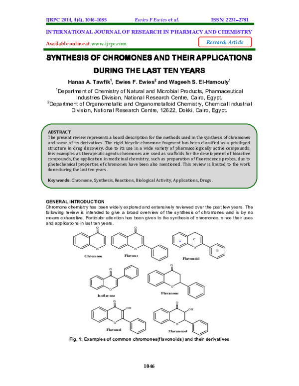 (PDF) SYNTHESIS OF CHROMONES AND THEIR APPLICATIONS during the last ten Years