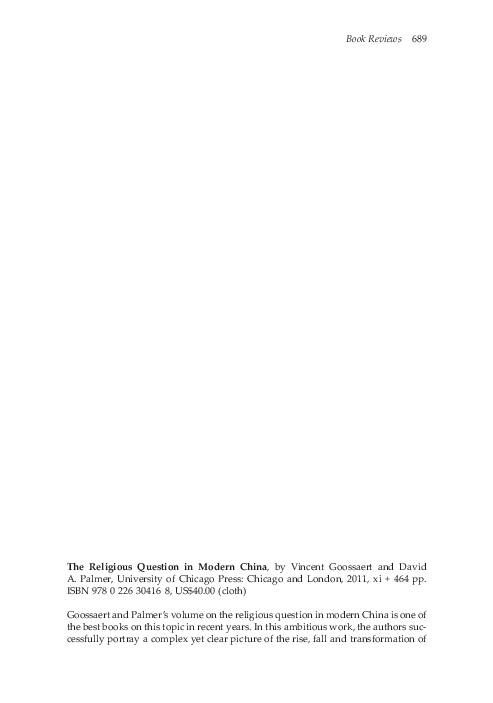 (PDF) Book Review of The Religious Question in Modern China