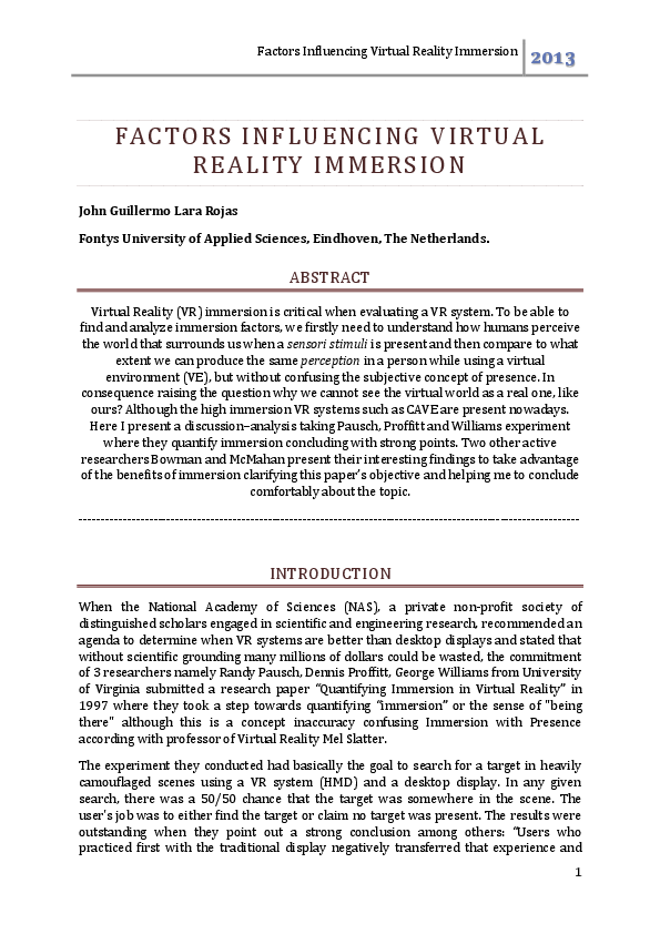 (PDF) Factors Influencing Virtual Reality Immersion