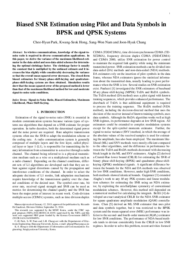 (PDF) Biased SNR Estimation using Pilot and Data Symbols in BPSK and QPSK Systems