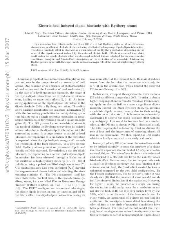(PDF) Electric-Field Induced Dipole Blockade with Rydberg Atoms