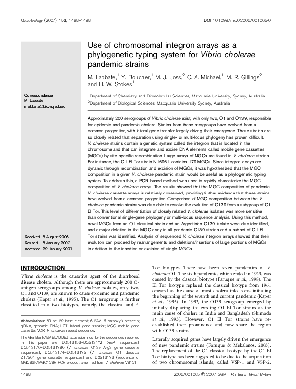(PDF) Use of chromosomal integron arrays as a phylogenetic typing ...
