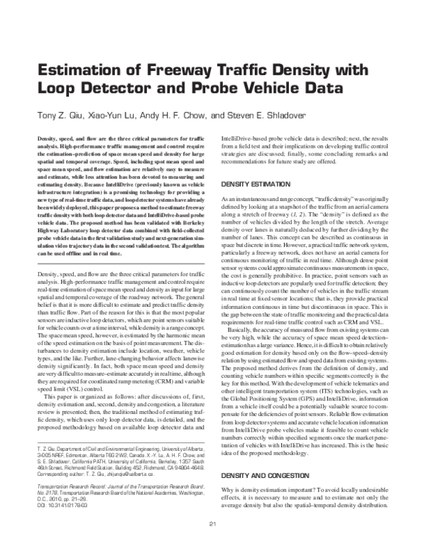 Pdf Estimation Of Freeway Traffic Density With Loop Detector And Probe Vehicle Data