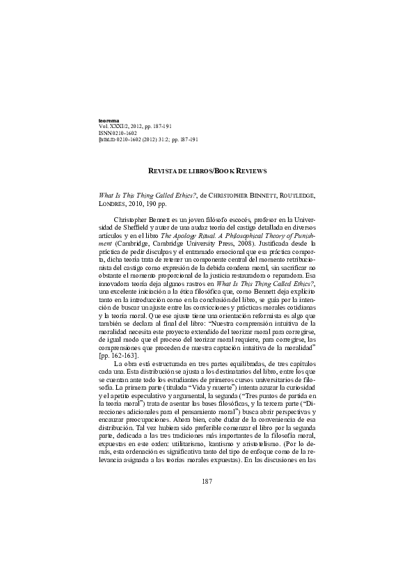 (PDF) Book review: Christopher Bennet, What is this thing called Ethics?