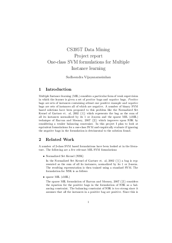 (PDF) CS395T Data Mining Project report One-class SVM formulations for Multiple Instance learning