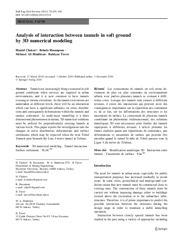 (PDF) Analysis of interaction between tunnels in soft ground by 3D numerical modeling