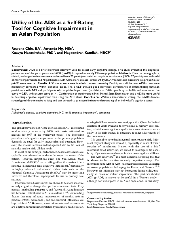 (PDF) Utility of the AD8 as a Self-Rating Tool for Cognitive Impairment ...