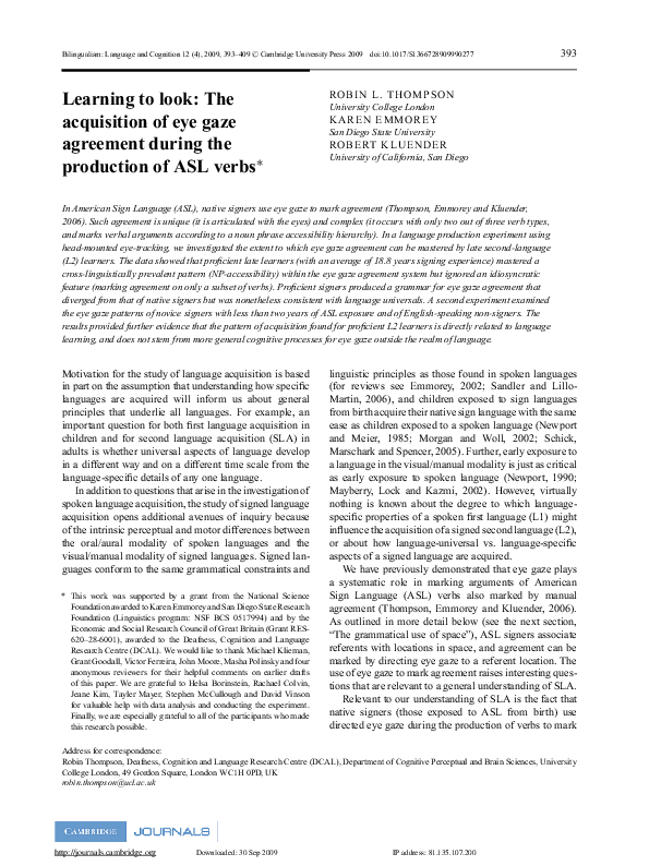 Learning to look: The acquisition of eye gaze agreement during the ...