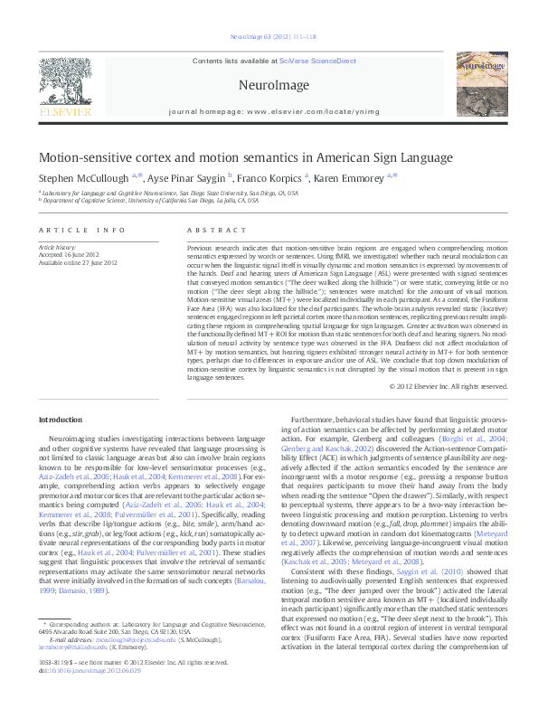 Motion-sensitive cortex and motion semantics in American Sign Language