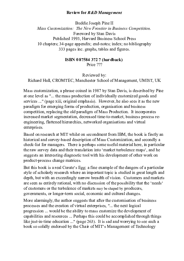 (DOC) Mass Customization: The new frontier in business competition ...