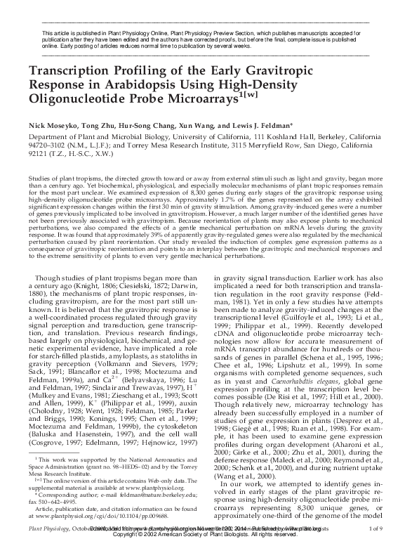 (PDF) Transcription Profiling of the Early Gravitropic Response in Arabidopsis Using High ...