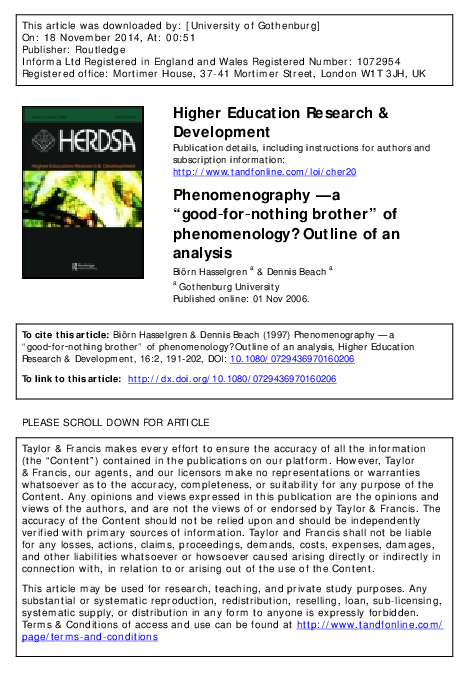 (PDF) Phenomenography a good-for-Nothing Brother of Phenomenology ...