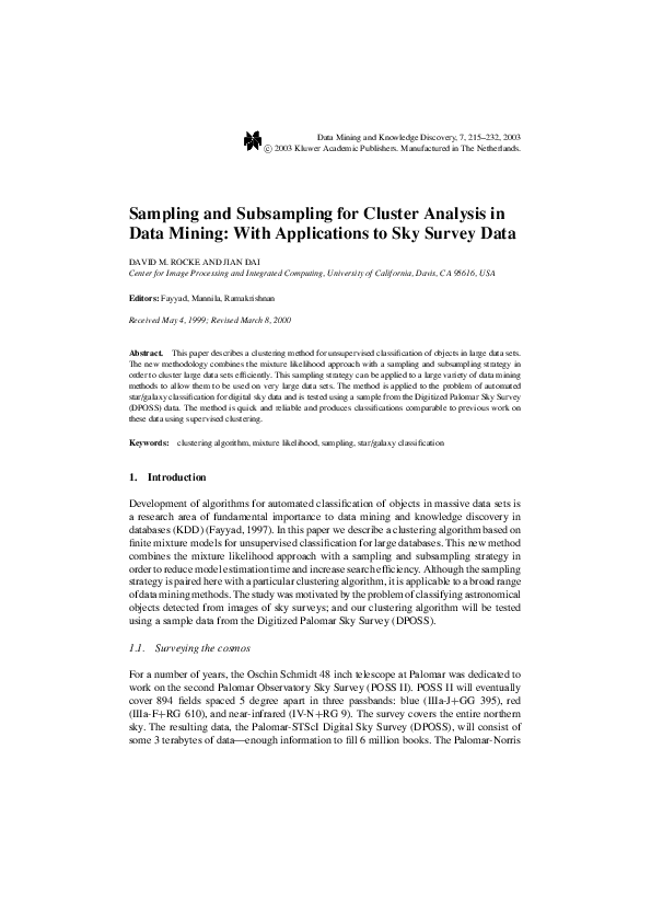 (PDF) Sampling and Subsampling for Cluster Analysis in Data Mining: With Applications to Sky ...