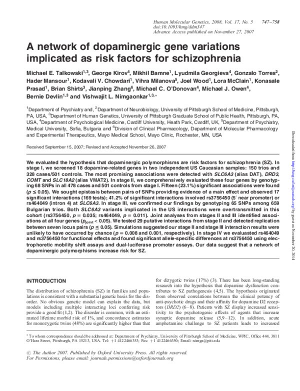 (PDF) A network of dopaminergic gene variations implicated as risk factors for schizophrenia