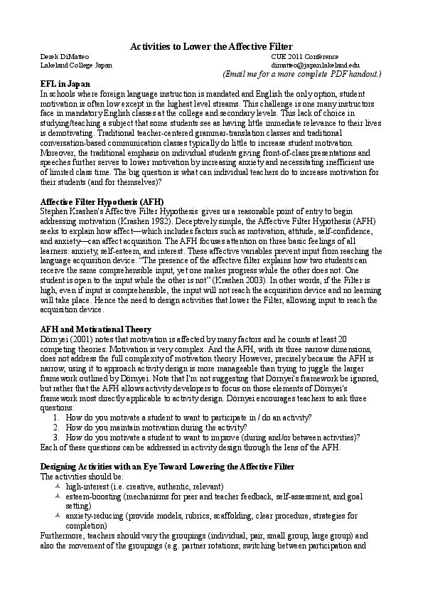 (PDF) Handout from "Activities to Lower the Affective Filter ...