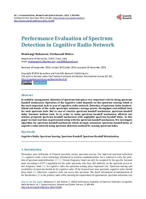 Pdf Performance Evaluation Of Spectrum Detection In Cognitive Radio Network
