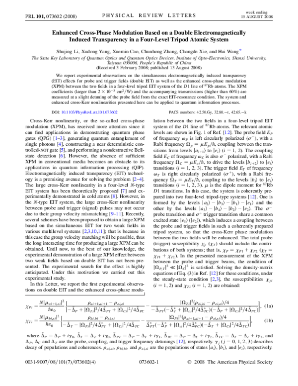 Pdf Enhanced Cross Phase Modulation Based On A Double Electromagnetically Induced Transparency