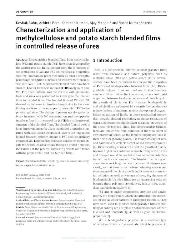 (PDF) J Polym Eng 2014; aop Characterization and application of ...