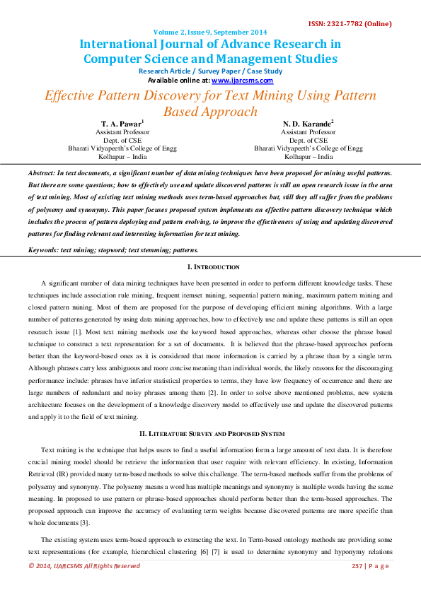 Pdf Effective Pattern Discovery For Text Mining Using Pattern Based Approach