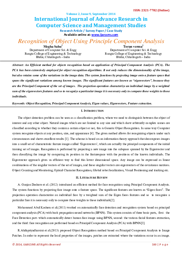 (PDF) Recognition of Object Using Principle Component Analysis