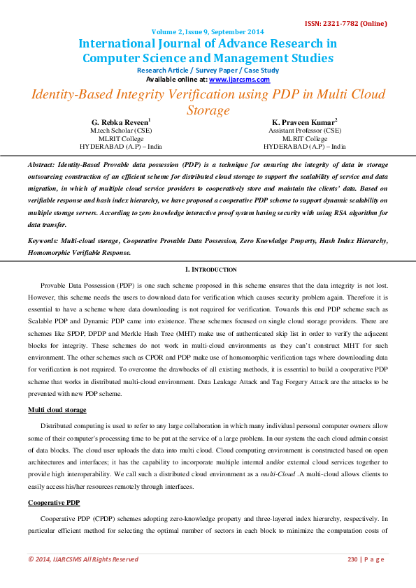 Pdf Identity Based Integrity Verification Using Pdp In Multi Cloud Storage