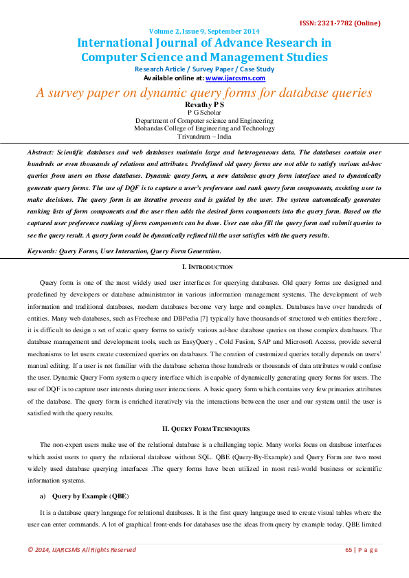 (PDF) A survey paper on dynamic query forms for database queries | International Journal of ...