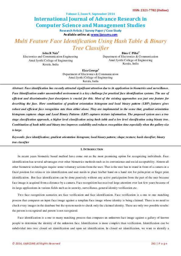 Pdf Multi Feature Face Identification Using Hash Table And Binary Tree