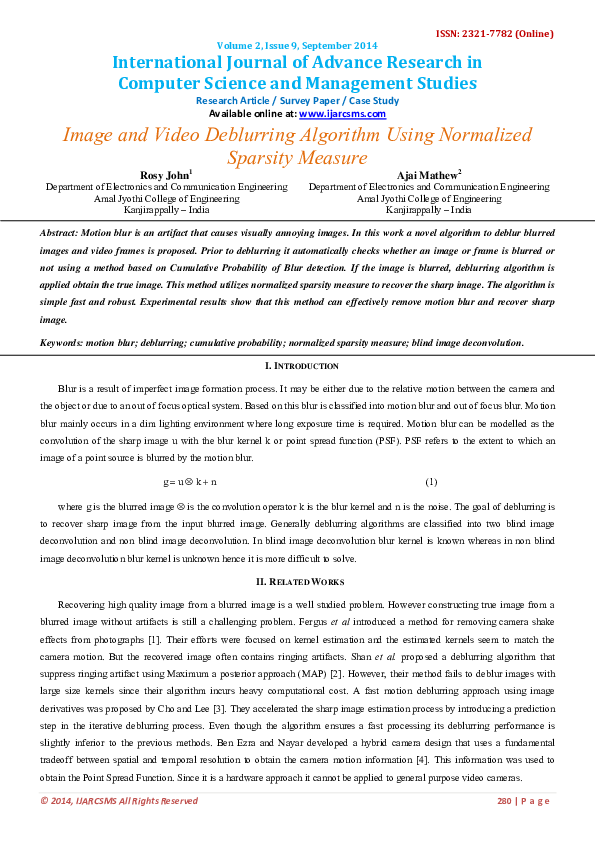 Pdf Image And Video Deblurring Algorithm Using Normalized Sparsity