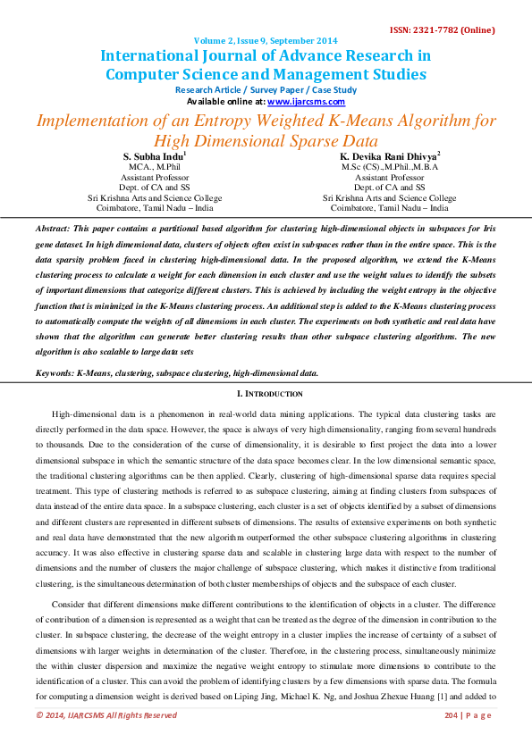 Pdf Implementation Of An Entropy Weighted K Means Algorithm For High