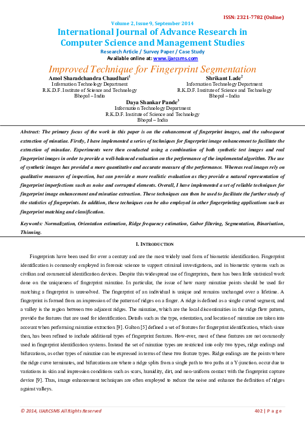 Pdf Improved Technique For Fingerprint Segmentation