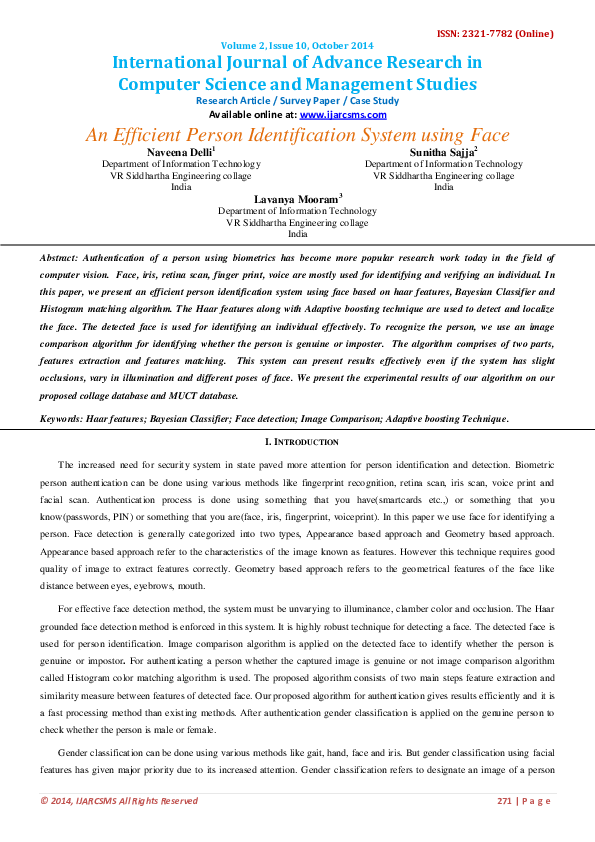 (PDF) An Efficient Person Identification System using Face