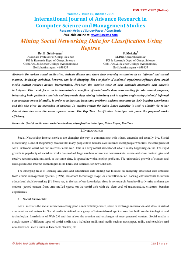 Pdf Mining Social Networking Data For Classification Using Reptree