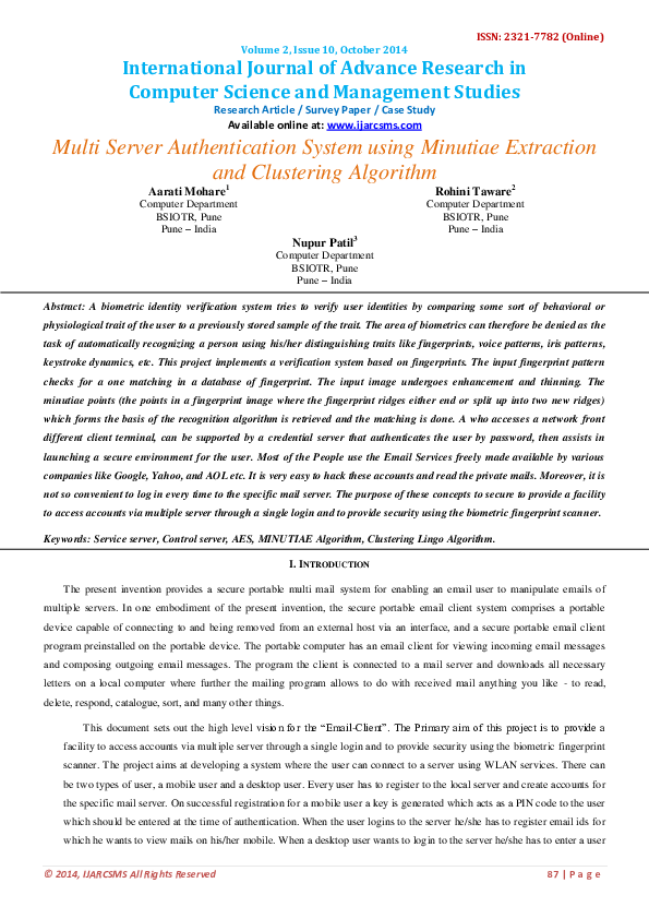 (PDF) Multi Server Authentication System using Minutiae Extraction and ...